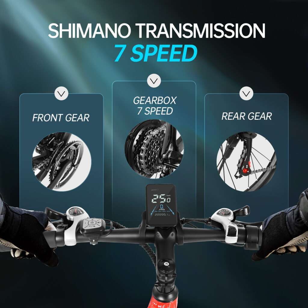 3+7 Shimano Gears Electric Bike S7 Large Wheel Powerful Motor Red/Black ...