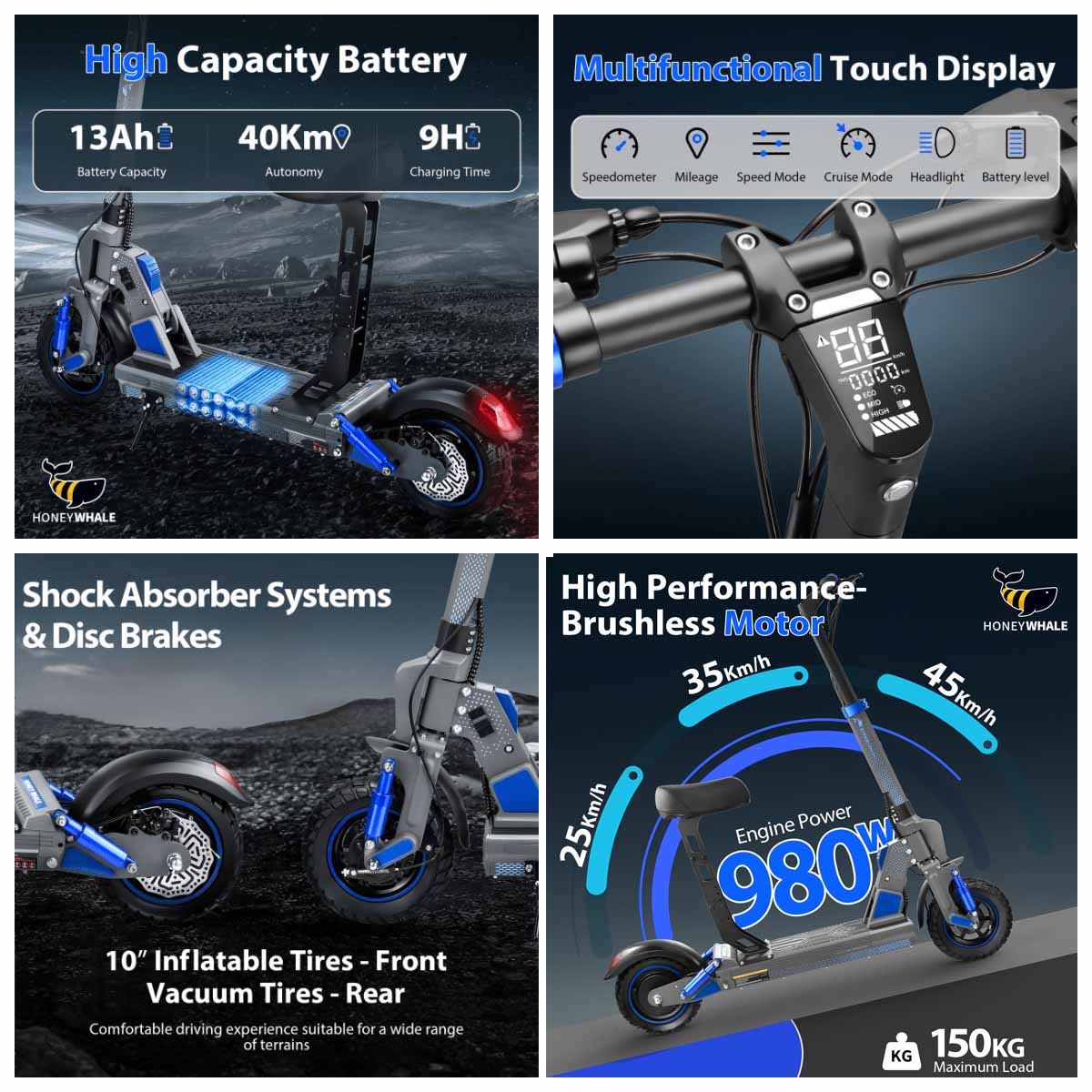 45KM-980W- Off-Road-Removal Seat- Folding Electric-Scooter C1 Pro ...